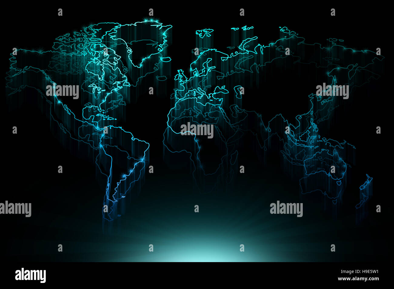 Glowing blue contour map of the world on black background Stock Photo ...
