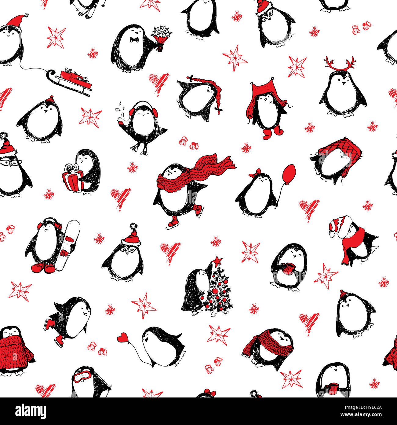 Cute hand drawn penguins seamless pattern. Merry Christmas greetings ...