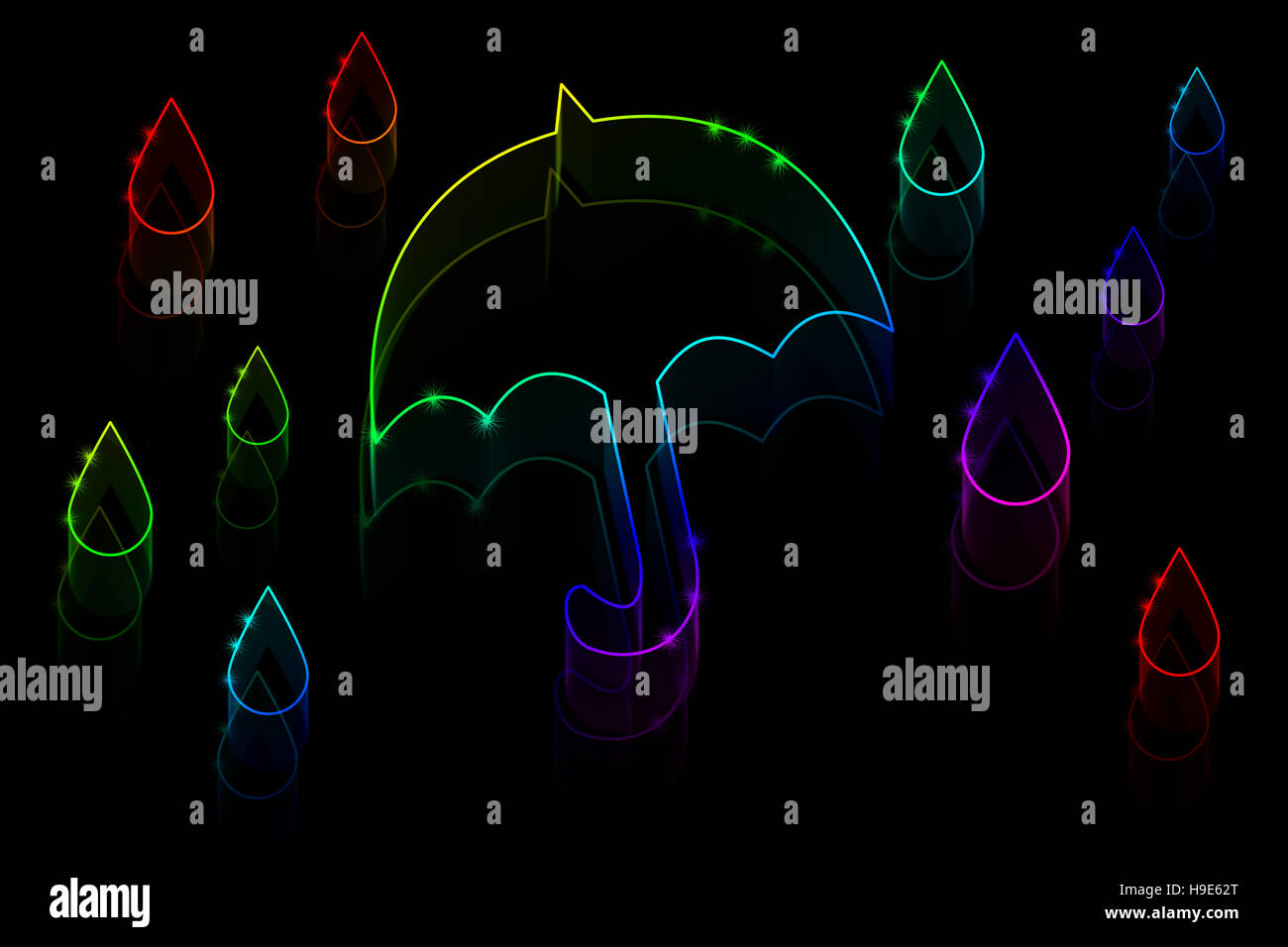 Neon umbrella and rain on a black background Stock Photo - Alamy