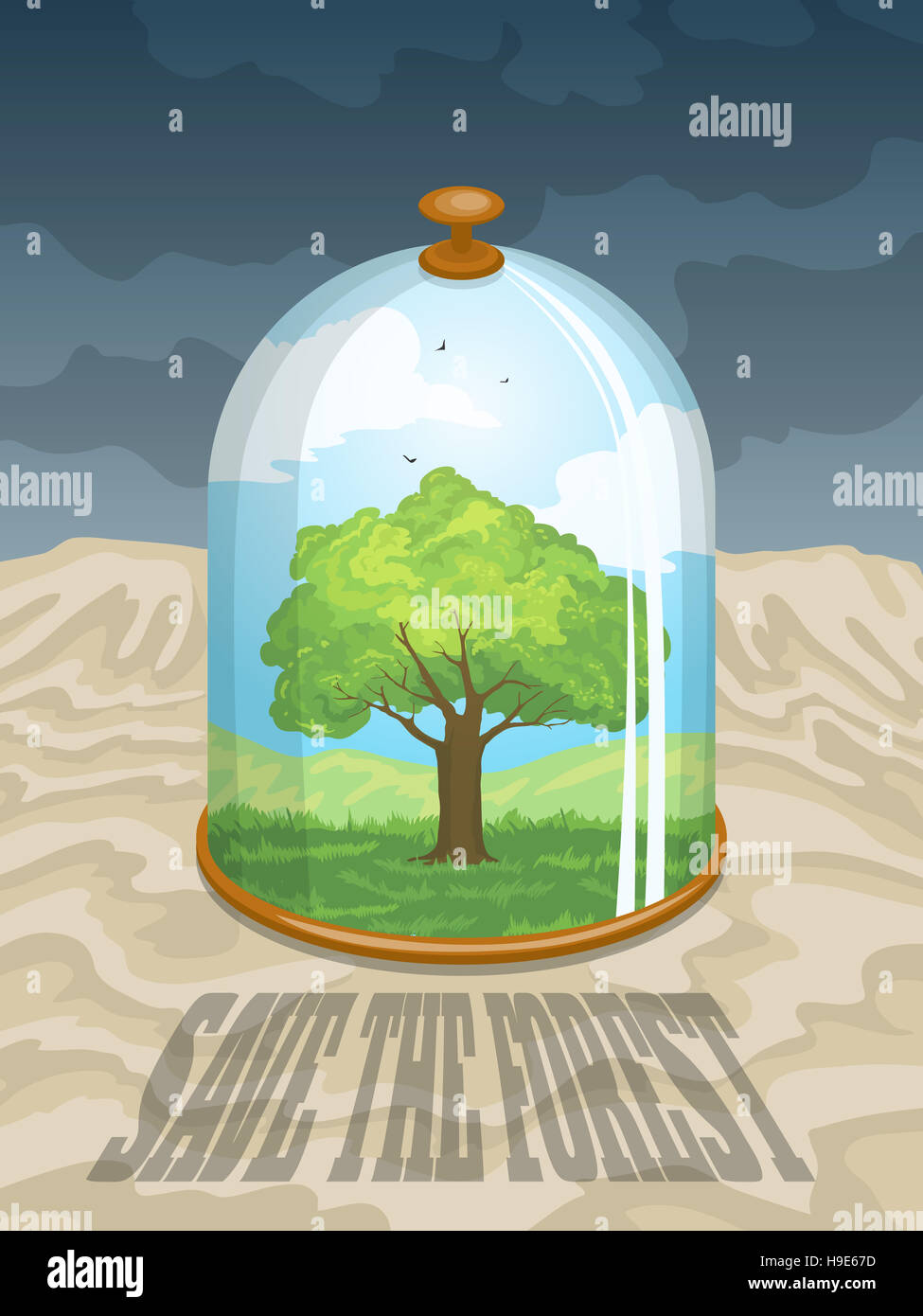 Save the forest. Colorful illustration with tree under a glass dome in ...