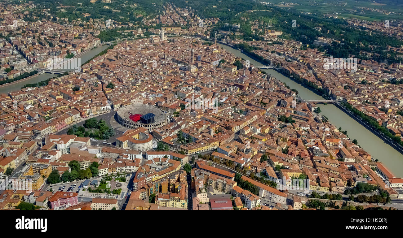 Aerial view, downtown Verona, Adige river, Adige, Verona, northern ...