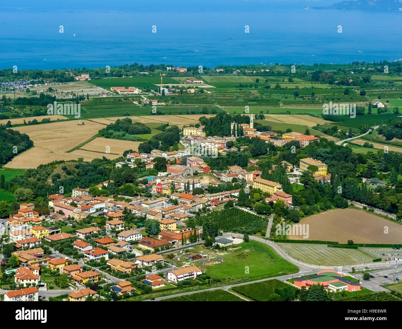 Aerial view, CHURCH OF COLA, Cola mountain village in Lazise, Lake ...