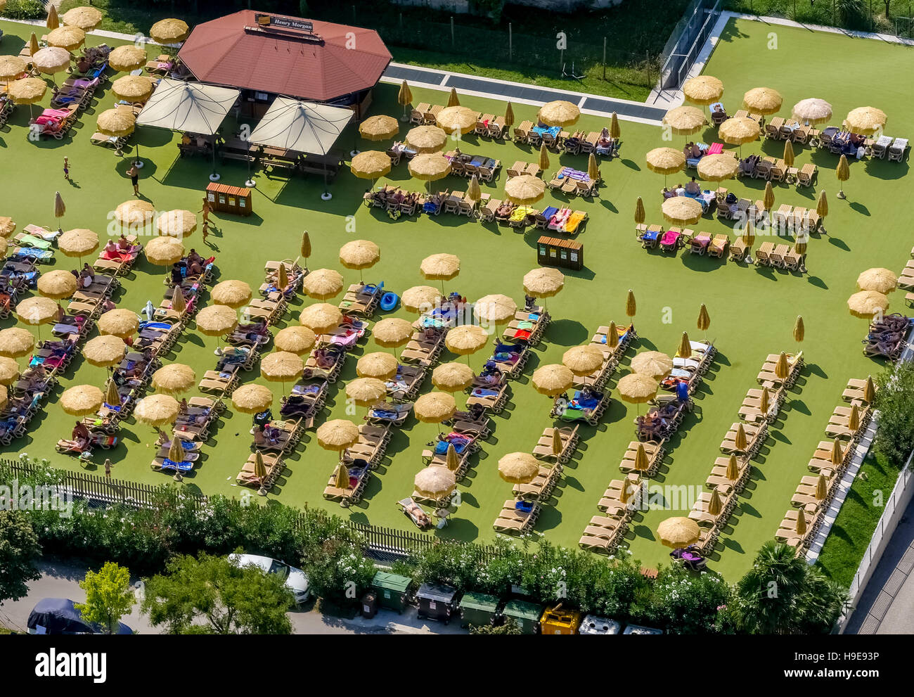 Aerial, Swimming pool with sun terrace and sunshades, camping guests ...