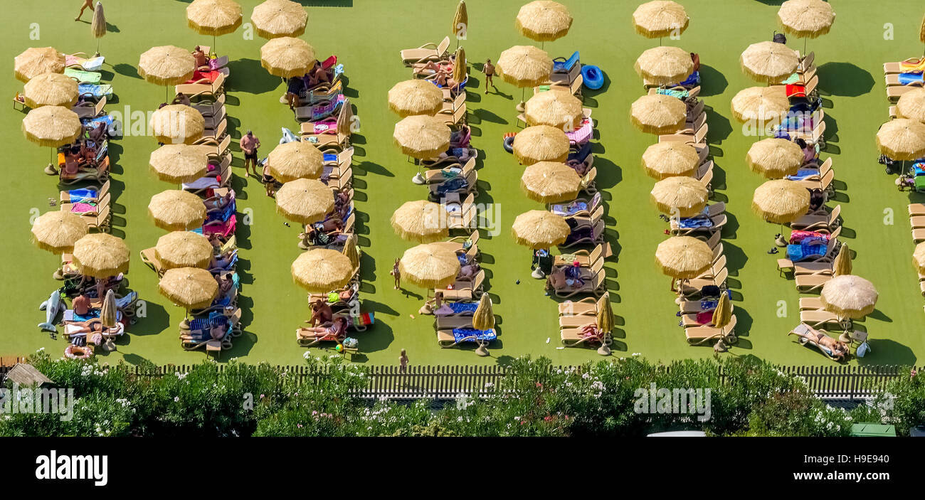 Aerial, Swimming pool with sun terrace and sunshades, camping guests ...