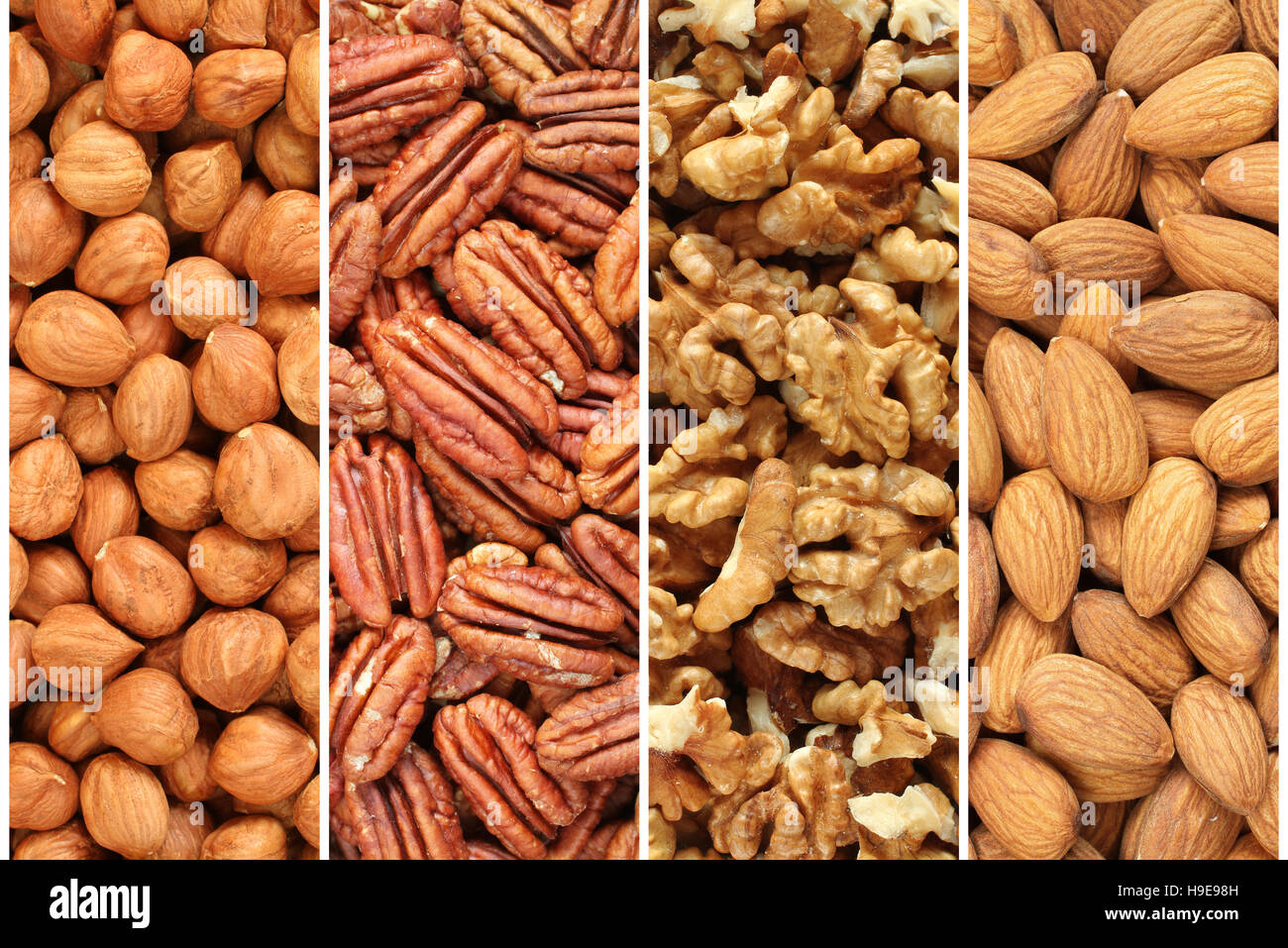 Nuts collage - hazelnuts, pecan nuts, walnuts, almonds Stock Photo - Alamy