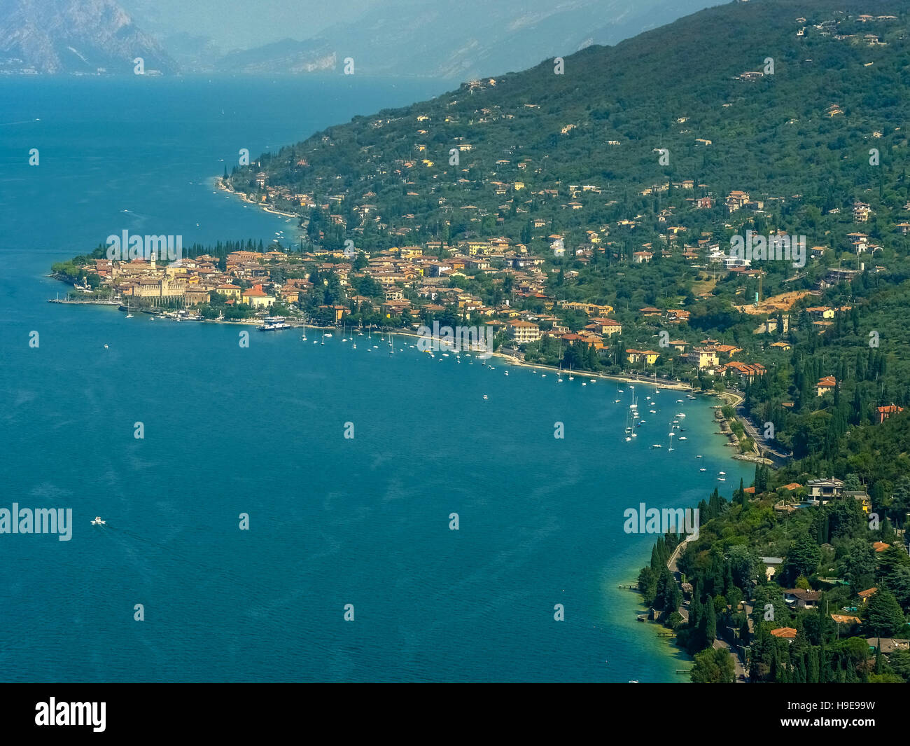 Aerial view, port of Torri del Benaco, Lake Garda, Lago di Garda, Torri ...
