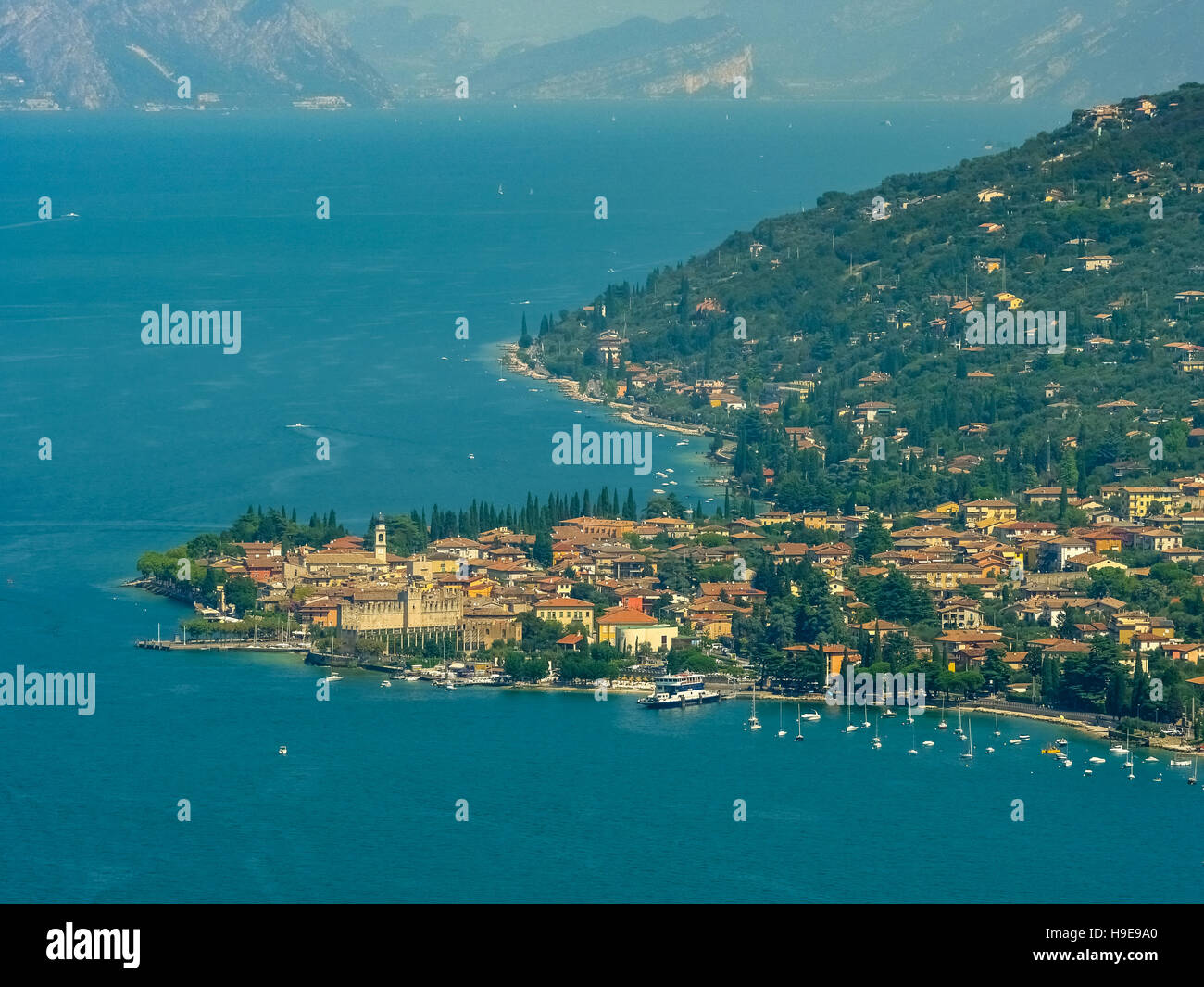 Aerial view, port of Torri del Benaco, Lake Garda, Lago di Garda, Torri ...