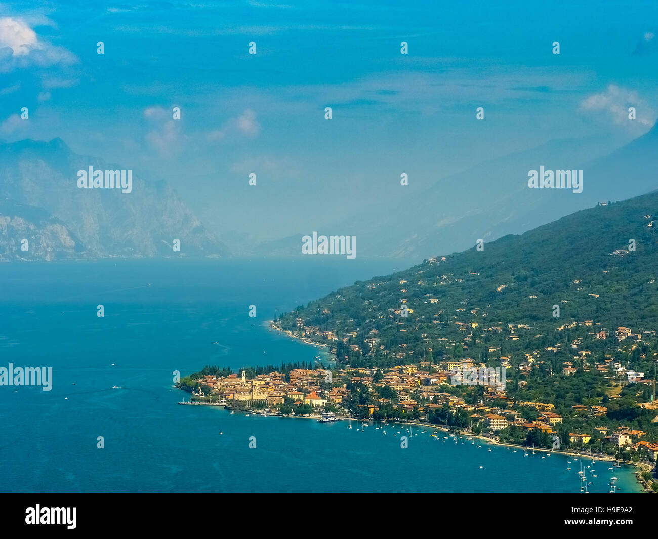 Aerial view, port of Torri del Benaco, Lake Garda, Lago di Garda, Torri ...