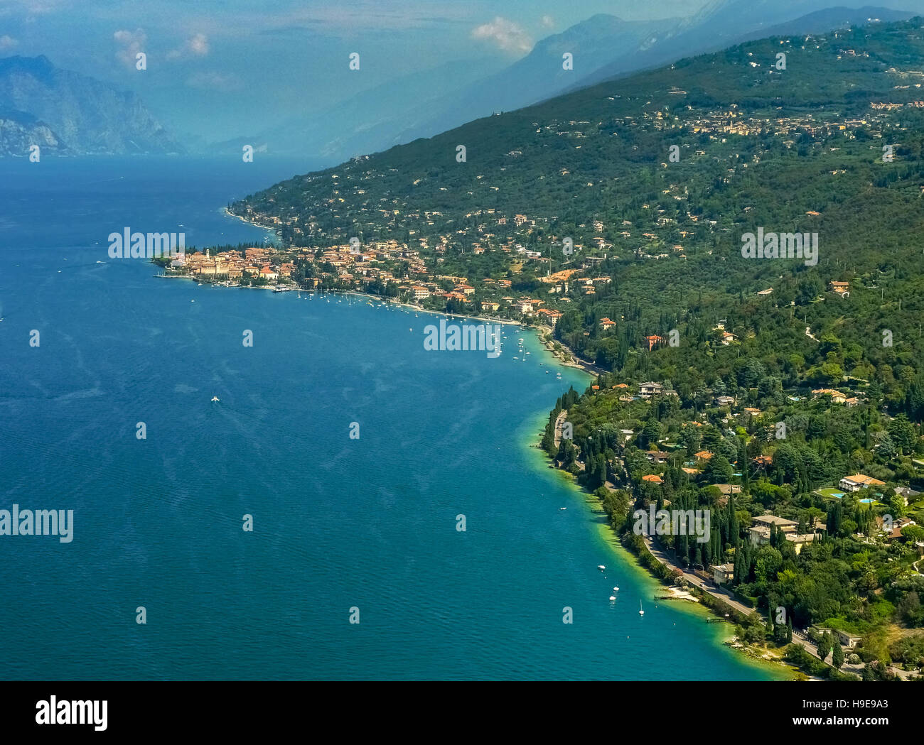 Aerial view, port of Torri del Benaco, Lake Garda, Lago di Garda, Torri ...