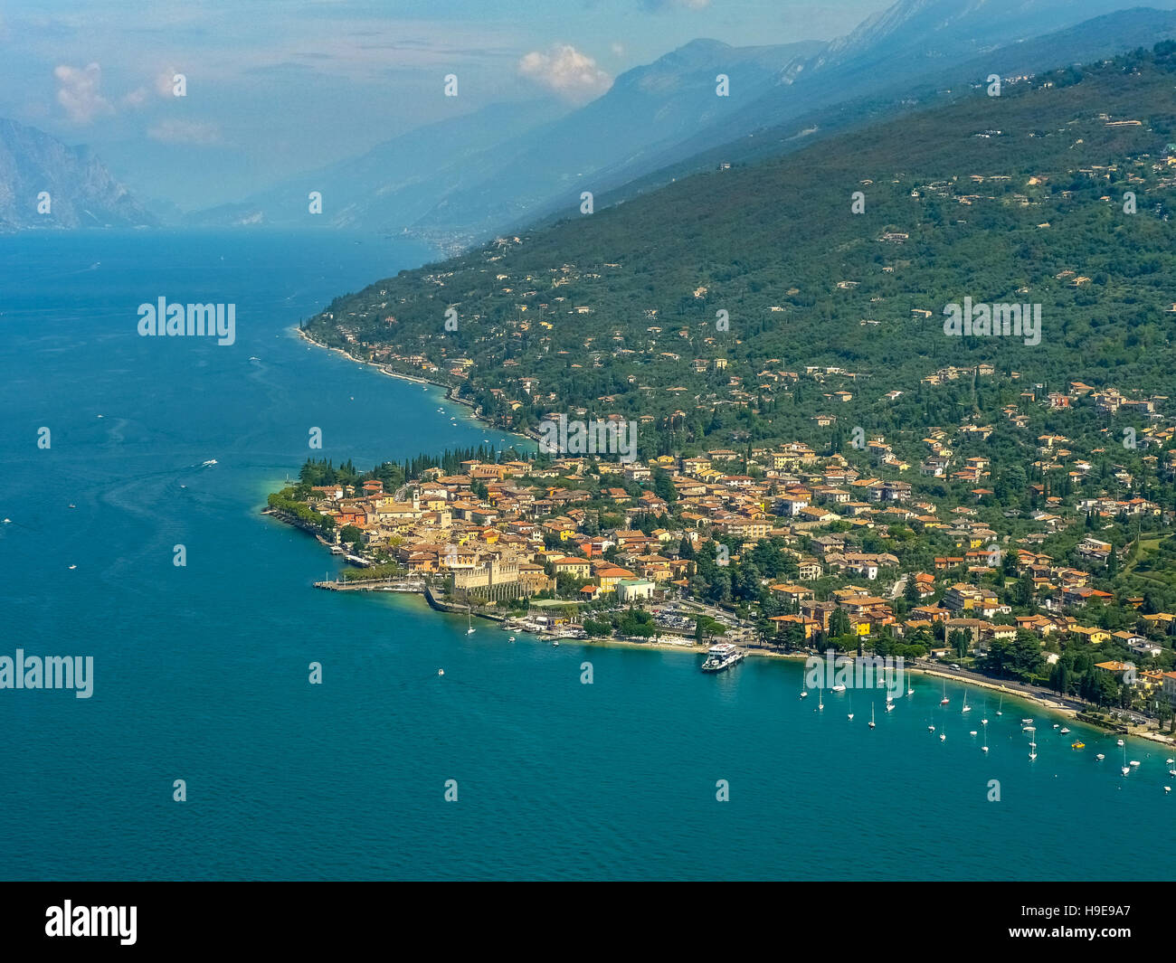 Aerial view, port of Torri del Benaco, Lake Garda, Lago di Garda, Torri ...