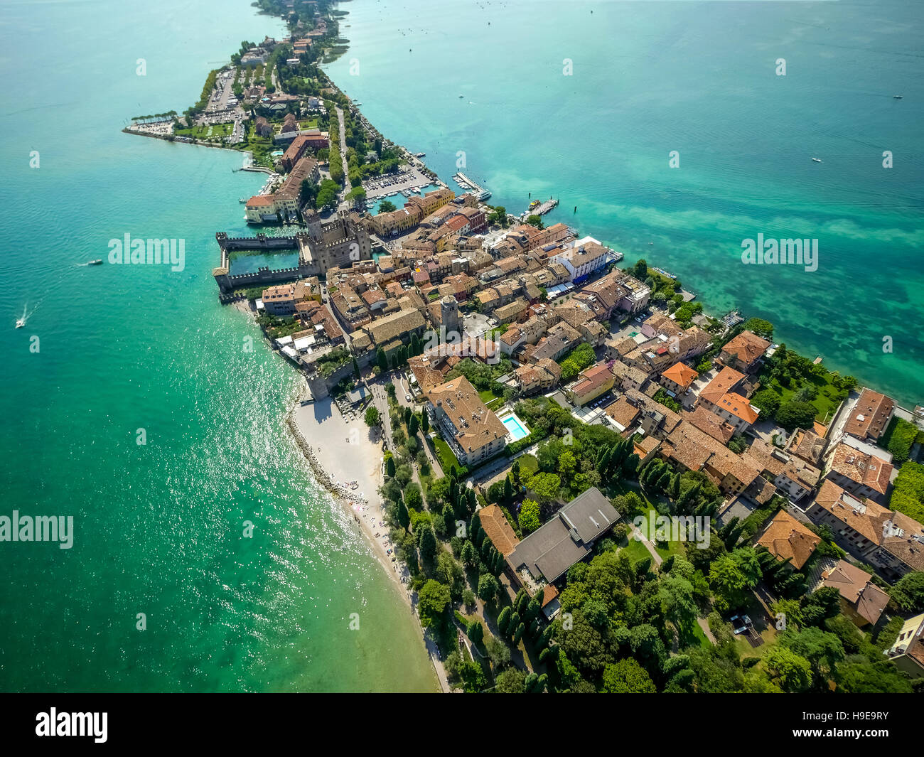 Aerial view, Scaliger castle, Castello Scaligero, Sirmione peninsula on ...