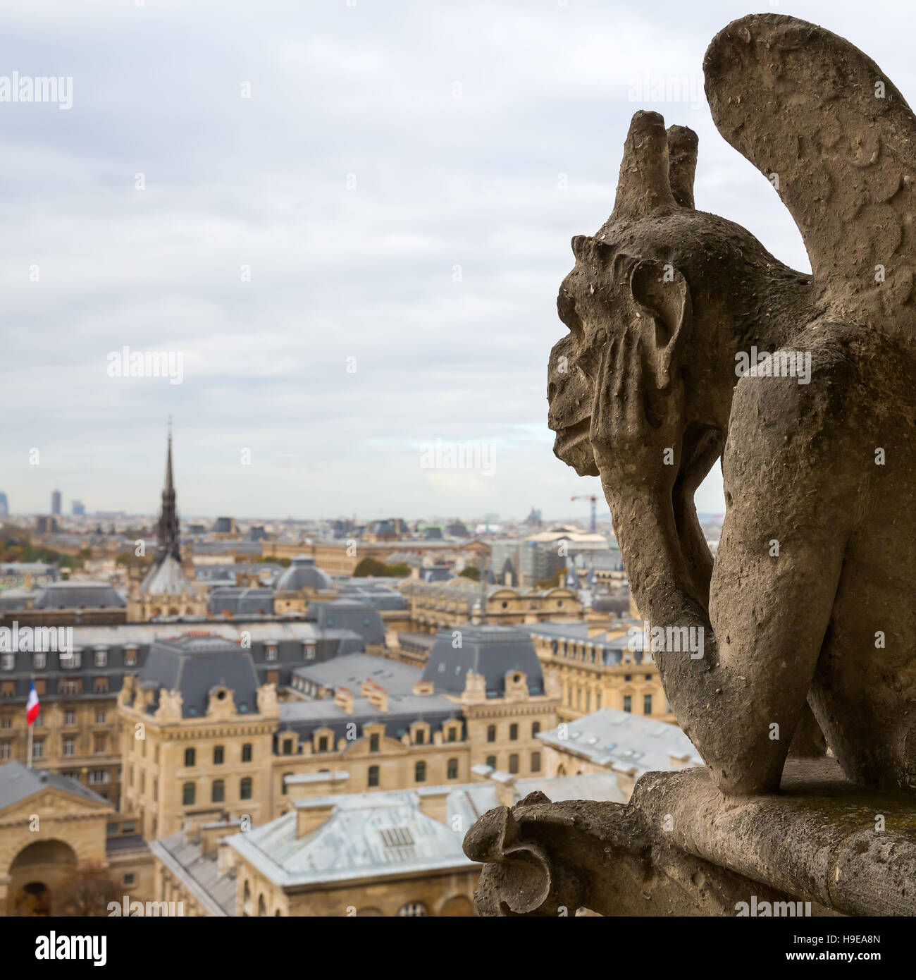 gargoyle of the Notre Dame in Paris, France, with aerial view of the ...