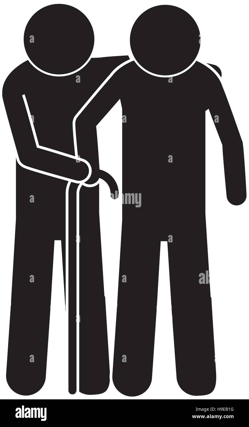 pictogram pair elderly with walking stick vector illustration Stock ...