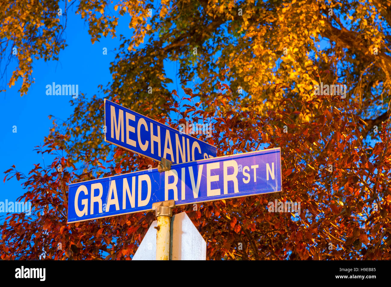 Street signs for Mechanic Street and Grand River Street at dusk in ...