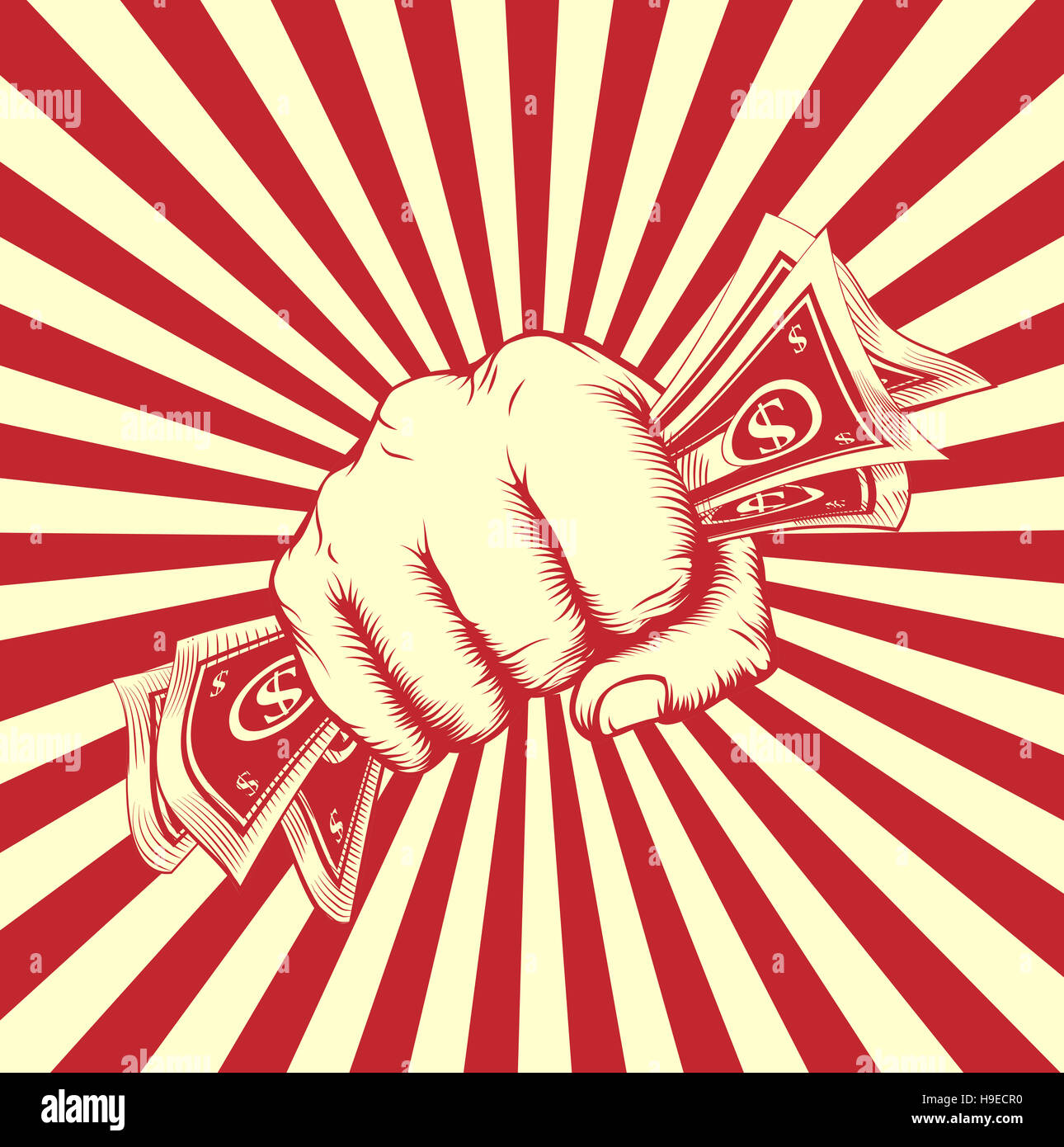 Fist holding money in a vintage revolution poster woodcut style Stock ...