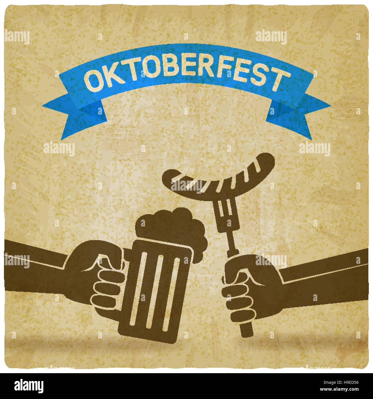 Oktoberfest concept. Hand with beer mug and sausage old background ...