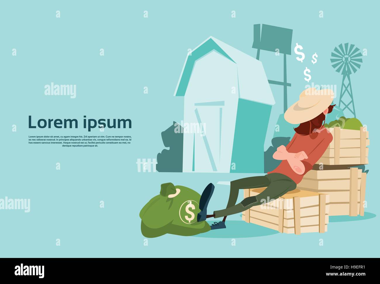 Rich Farmer Countryman Sleeping On Boxes Farm Background Stock Vector ...