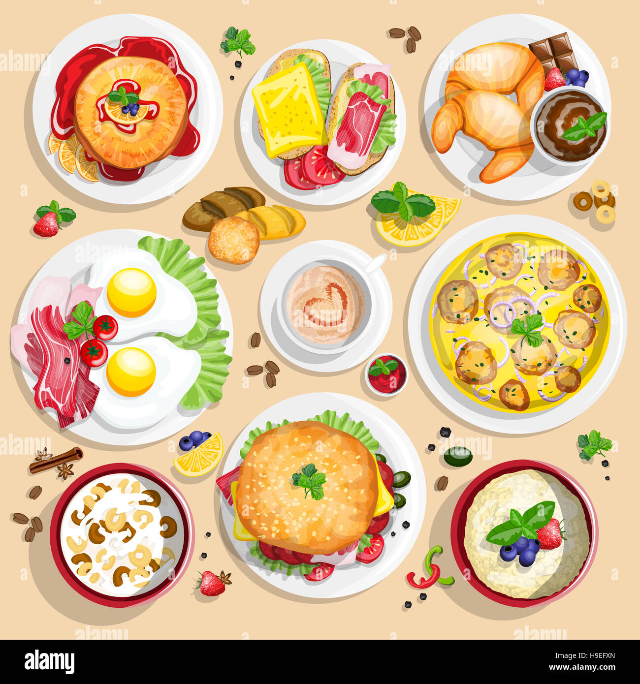 Classical hotel breakfast menu poster with fried eggs bacon and other ...