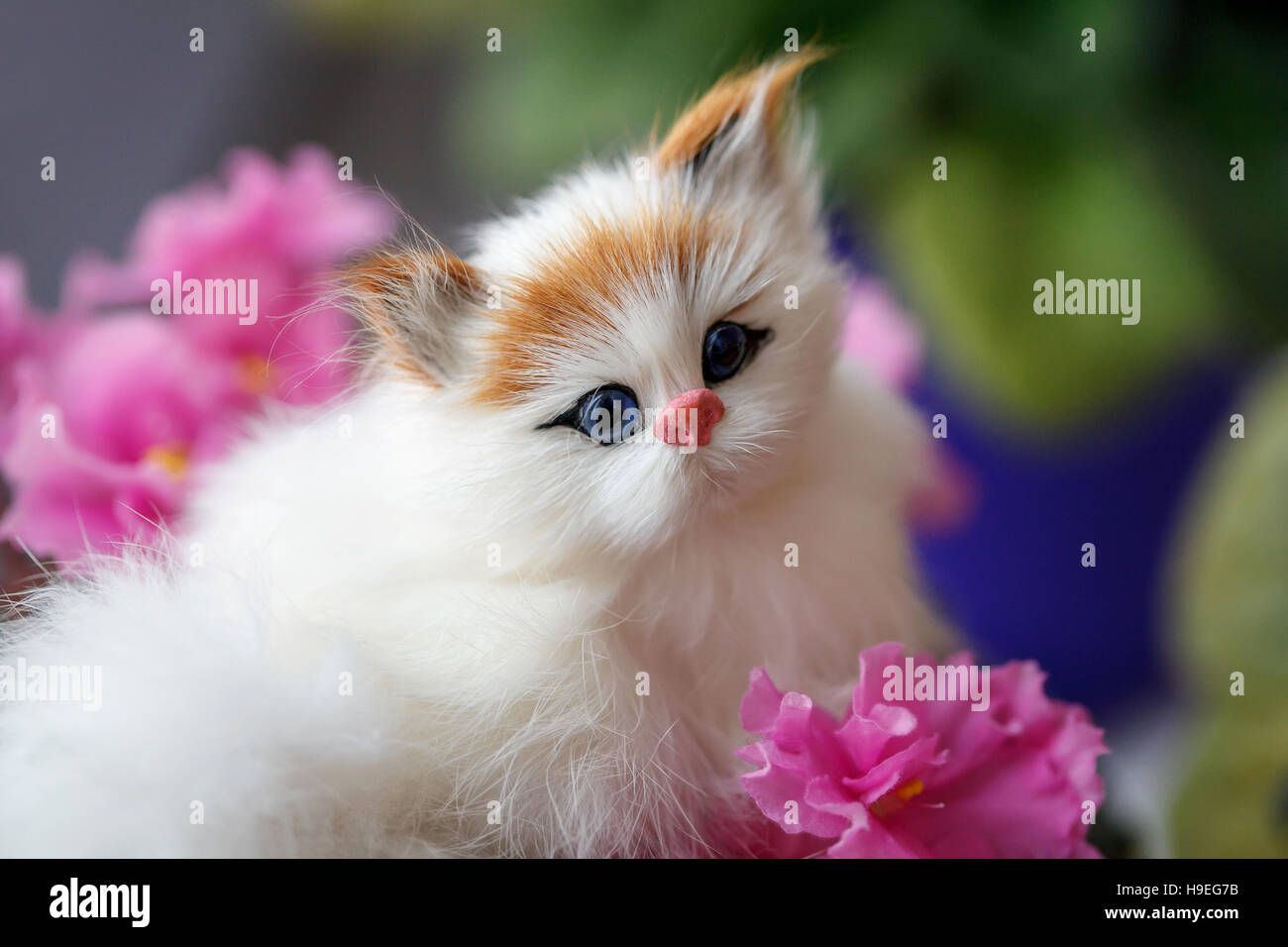 Portrait of puppet, a toy cat in pink flowers, closeup Stock Photo - Alamy