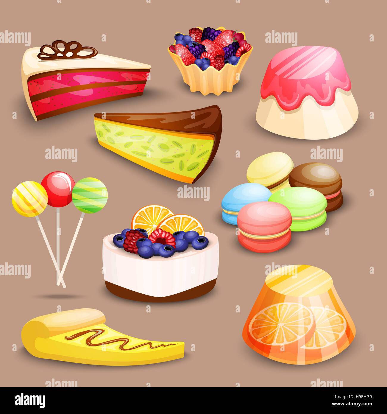 Highly detailed dessert set with cake, macaroon, candy and other sweets ...