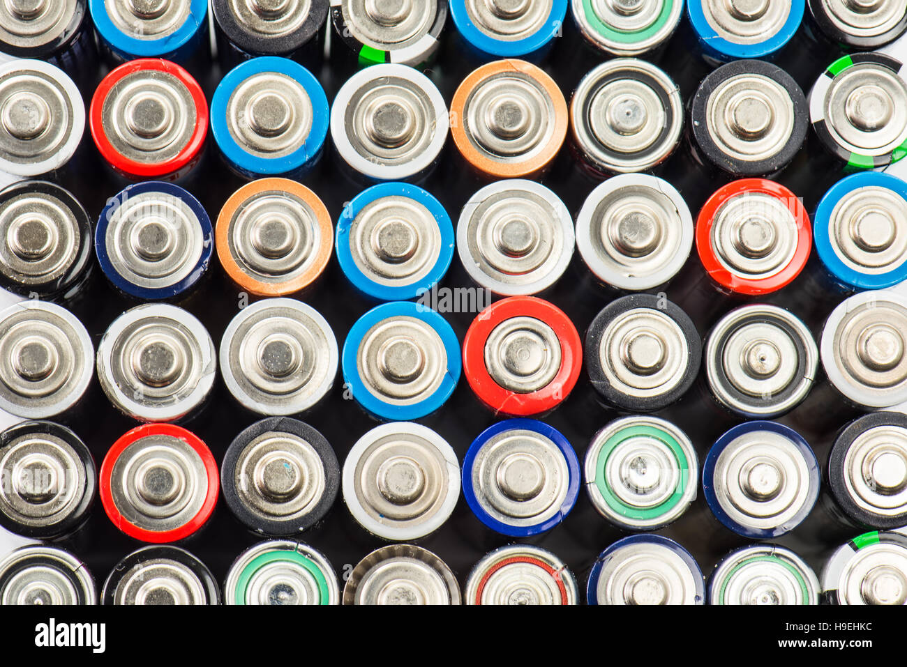 Energy abstract background of colorful batteries. Close up top view on ...