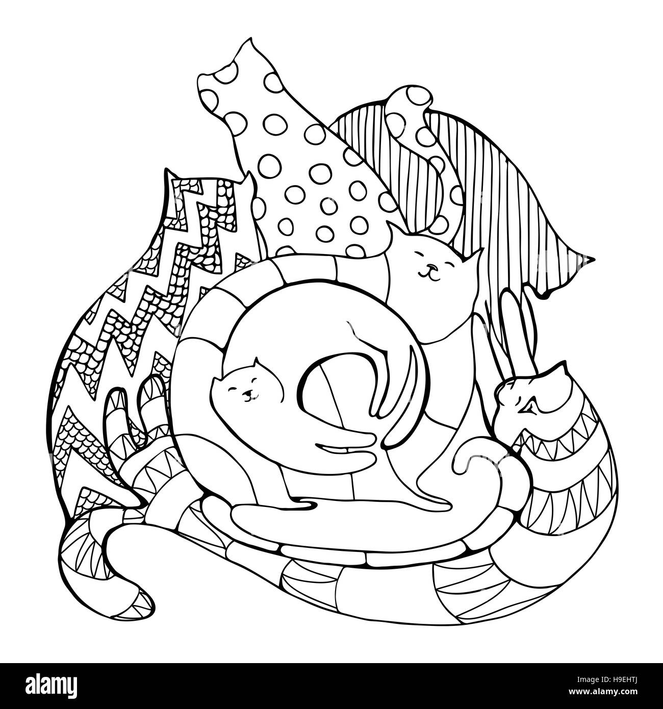 Coloring page with composition of hand drawn decorative cats Stock ...
