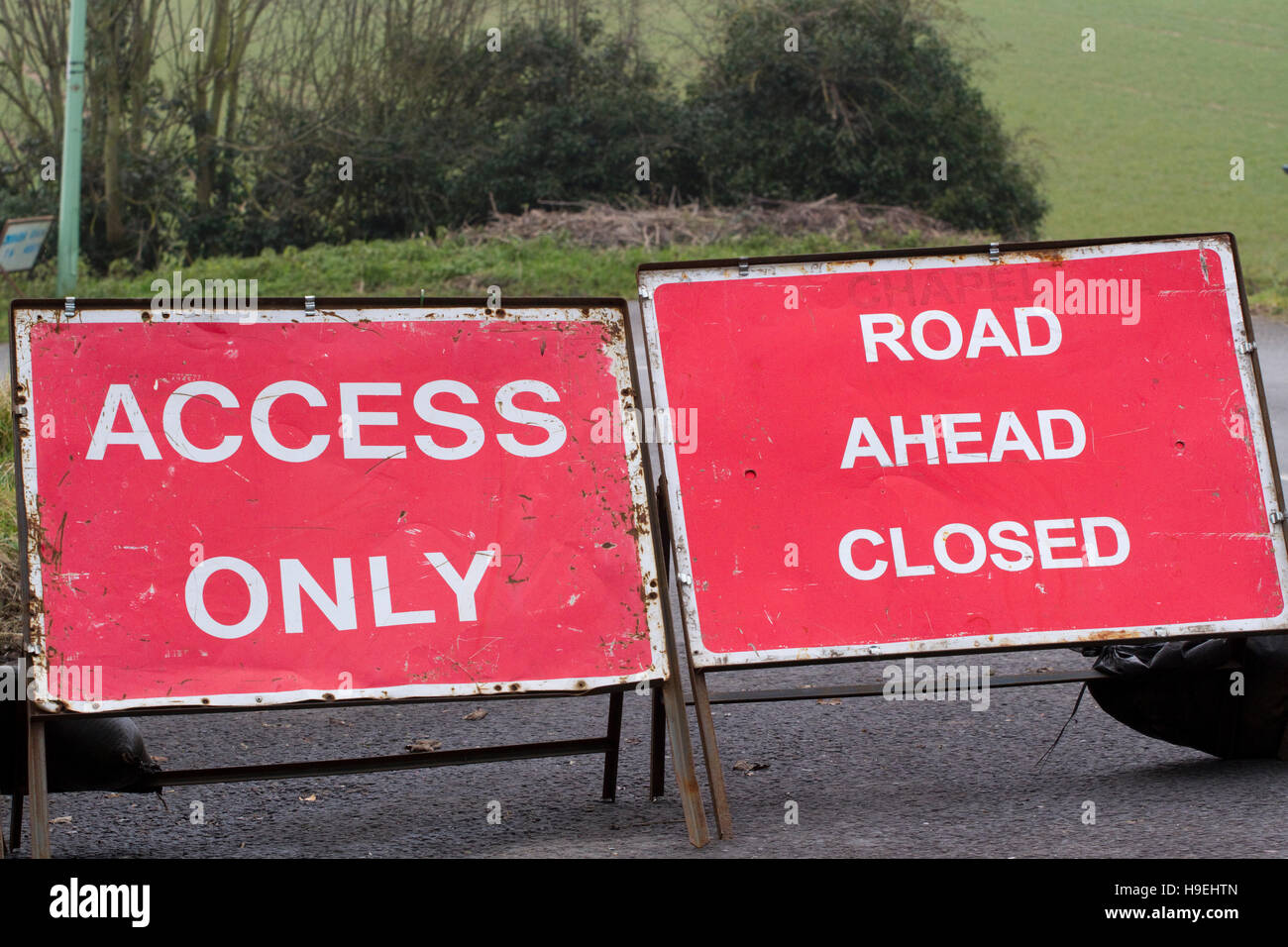 Multiple temporary road signs on a roundabout near Wickham Market ...