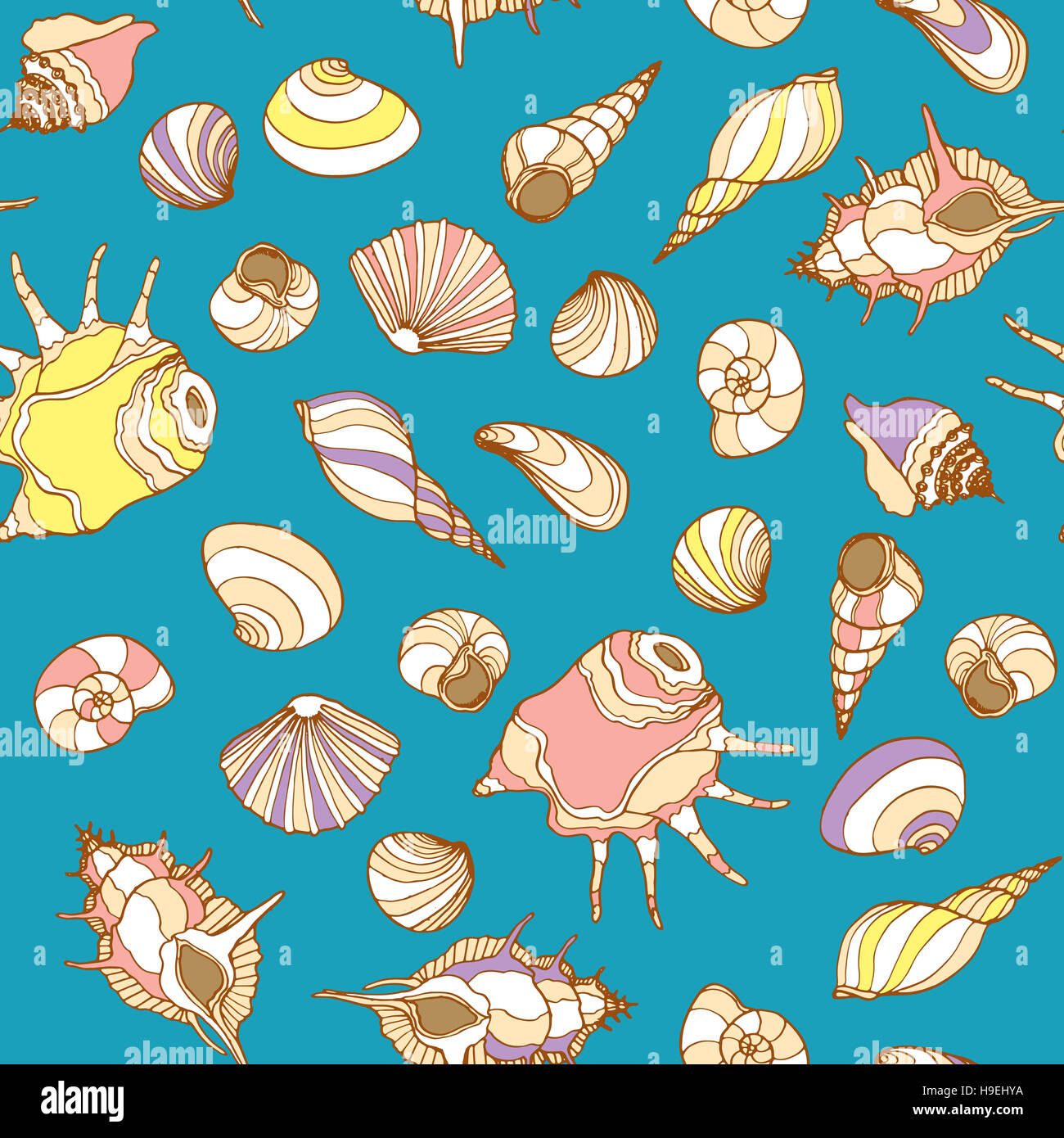 Seamless sea pattern with hand drawn seashells Stock Photo - Alamy