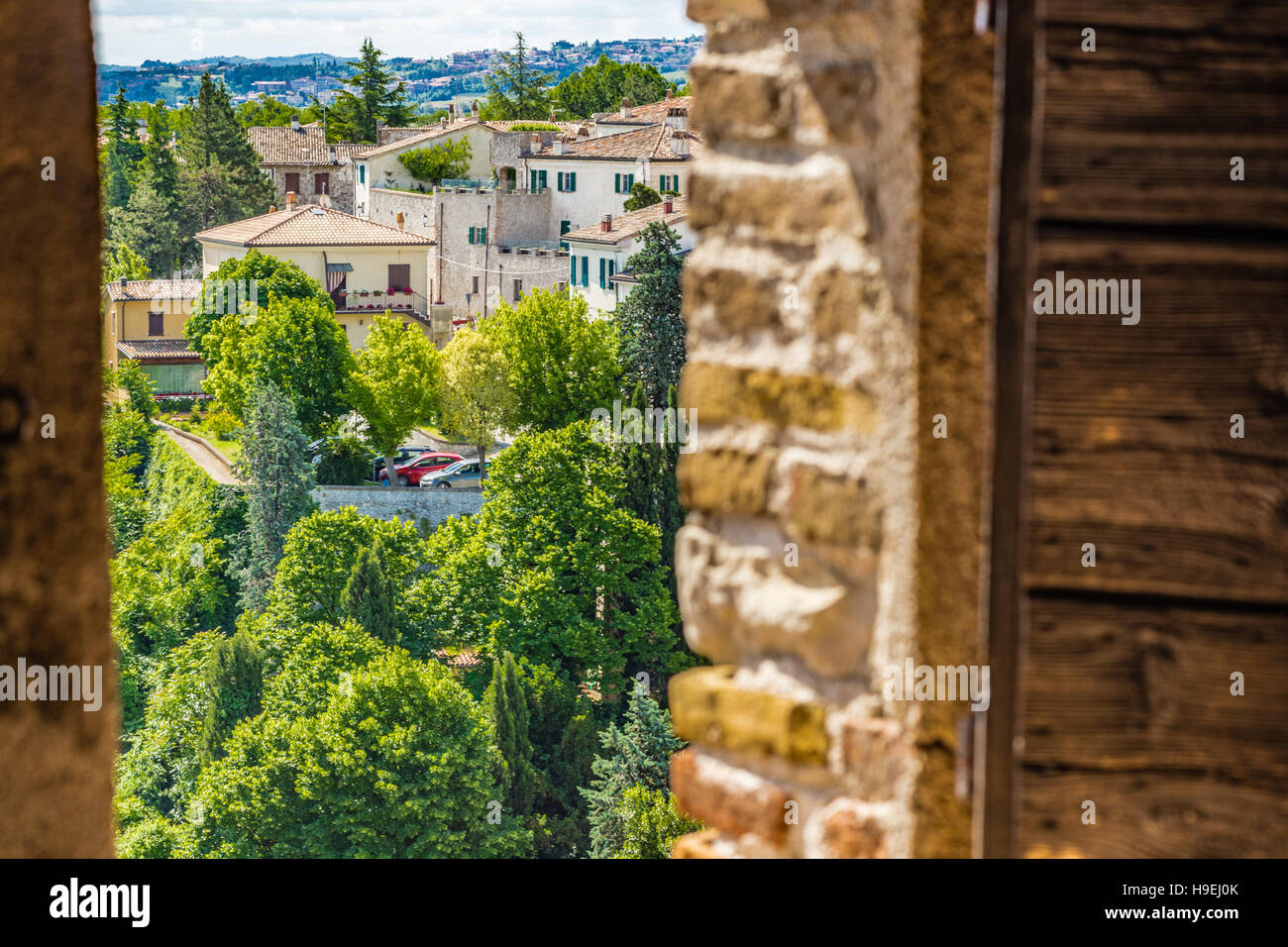 panorama from ancient window of medieval village in the countryside of ...