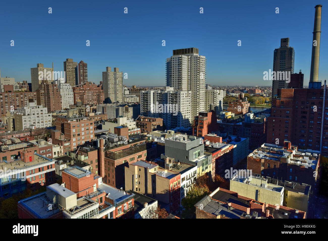 Aerial view of apartment buildings across the East Side of Manhattan ...