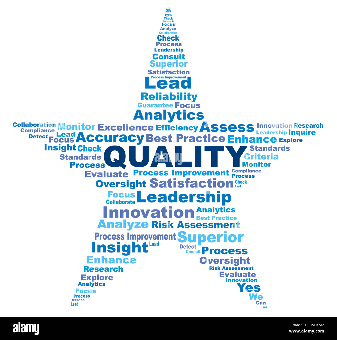 Quality terms in a star shape wordle against a white background Stock ...