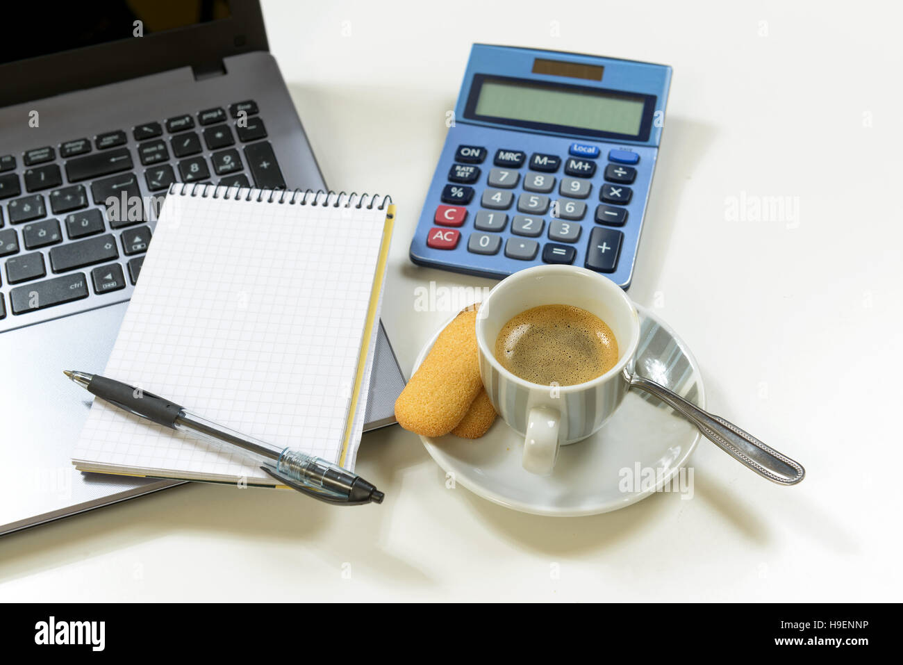 Businessman in office desk using computer. Coffee Break. View from ...