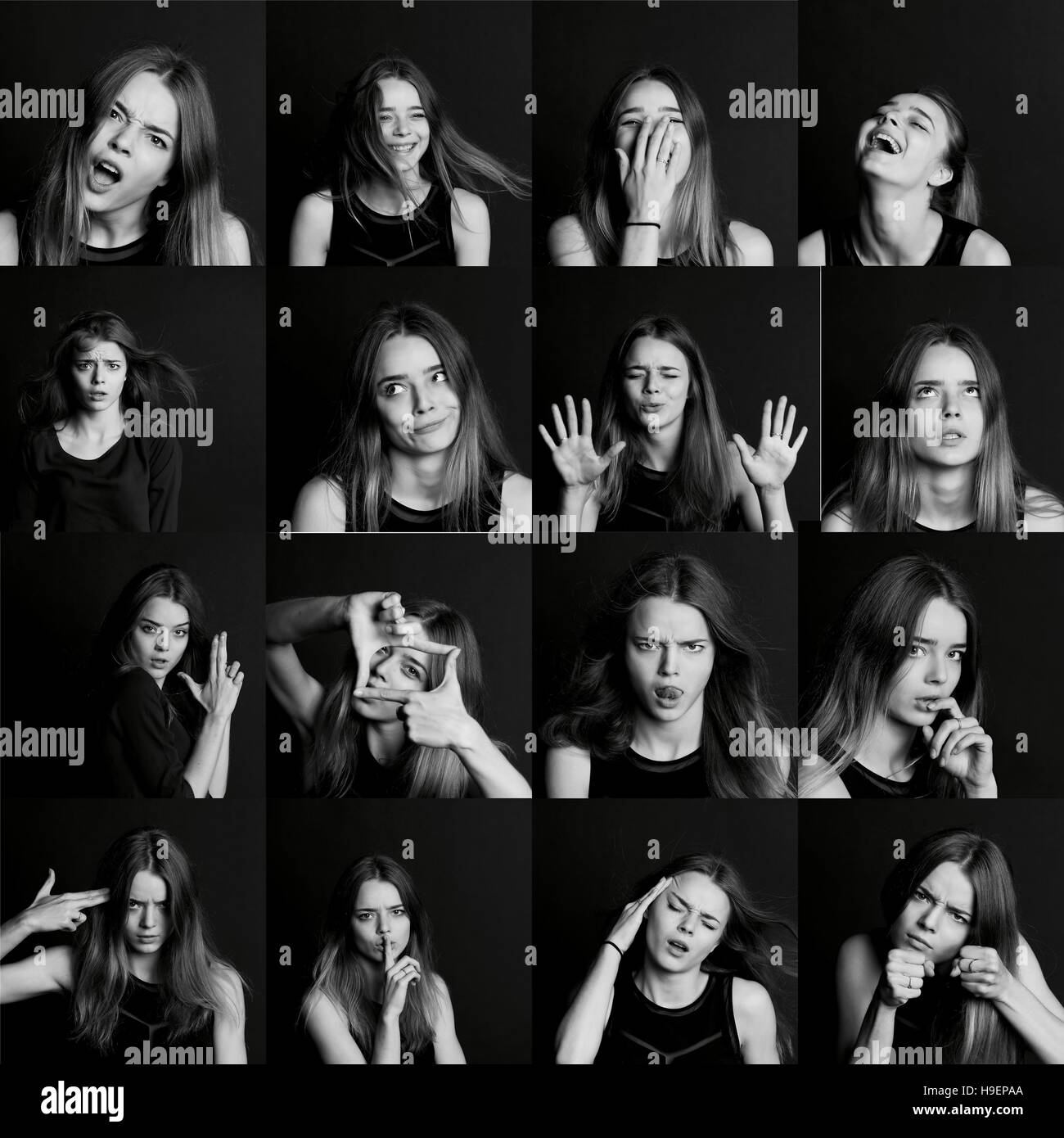collage of emotions. The posing the model. Beautiful girl with long ...