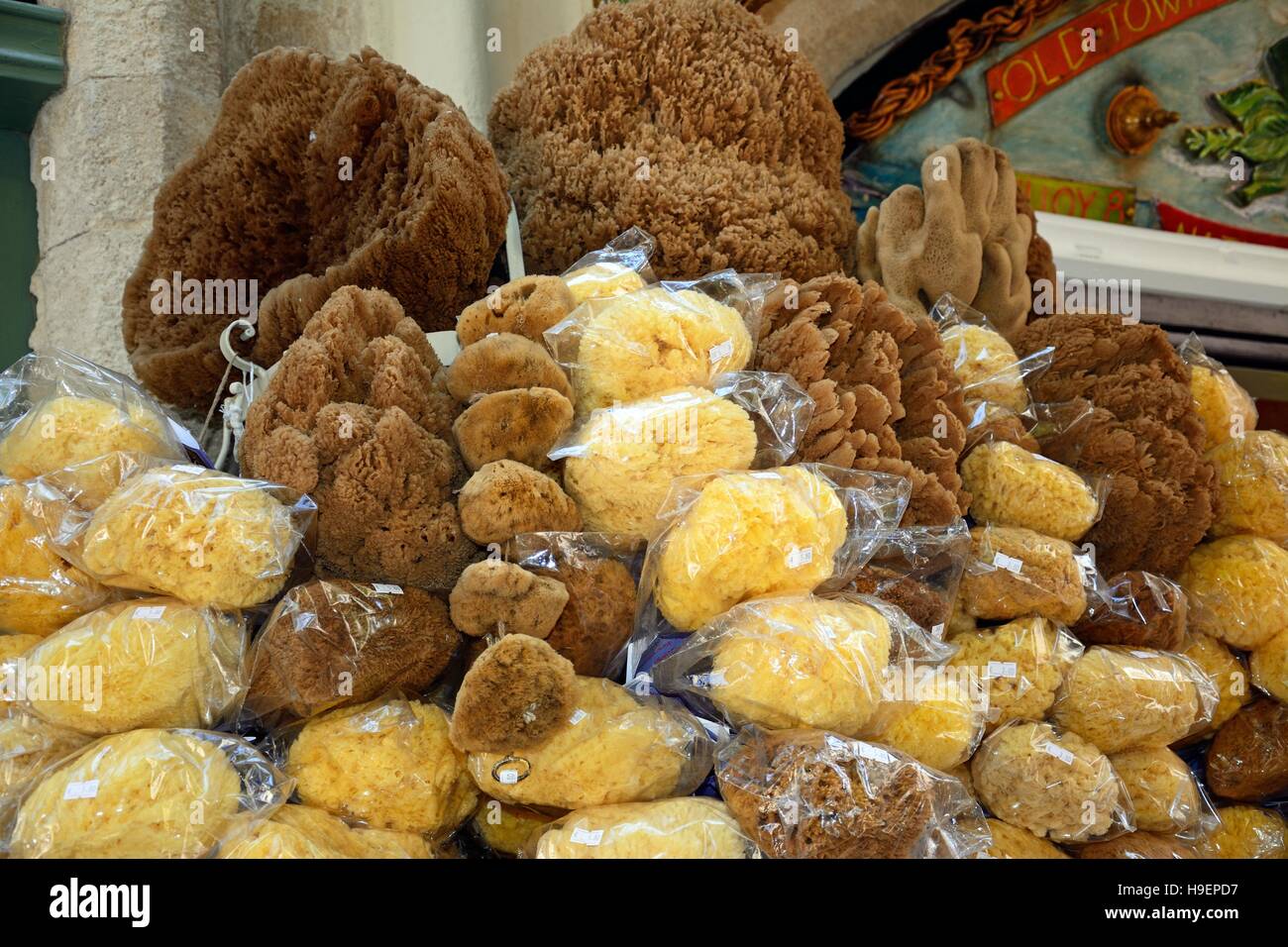 Natural sponges for sale in the old town, Rethymno, Crete, Greece ...