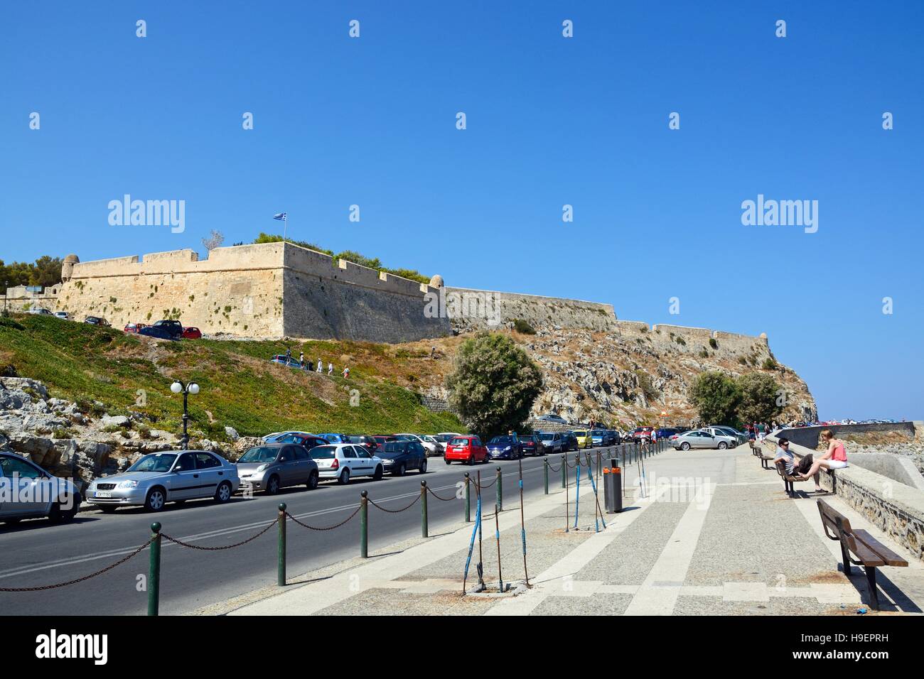 View of the Venetian castle on top of the hill, Rethymno, Crete, Greece ...