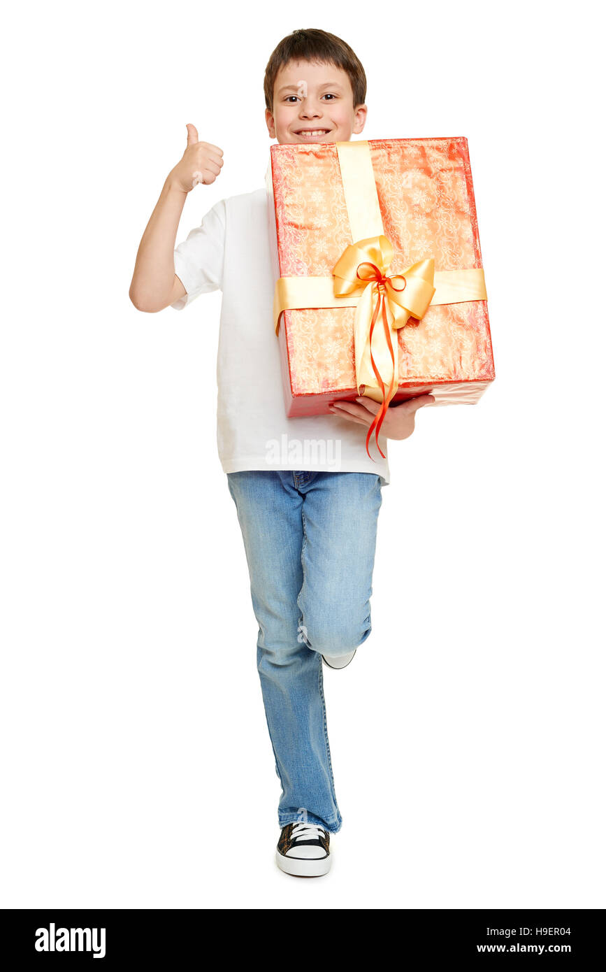 child boy with box gift isolated on white background, holiday concept ...