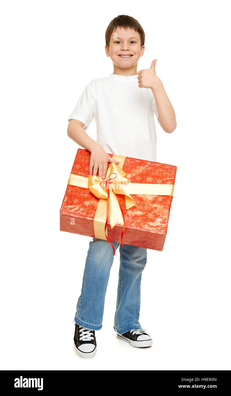 child boy with box gift isolated on white background, holiday concept ...