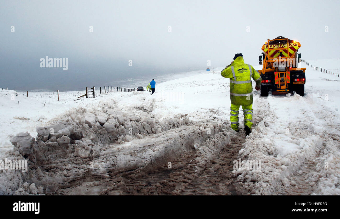 A snow plough clears the road of snow on the A686 by Hartside Cafe on ...