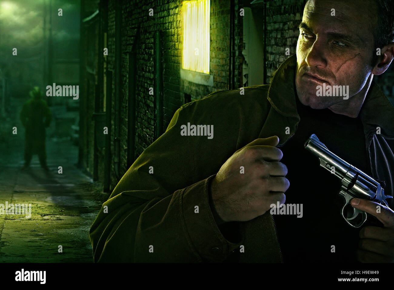 Suspicious man with scar on face holding gun in alley Stock Photo - Alamy
