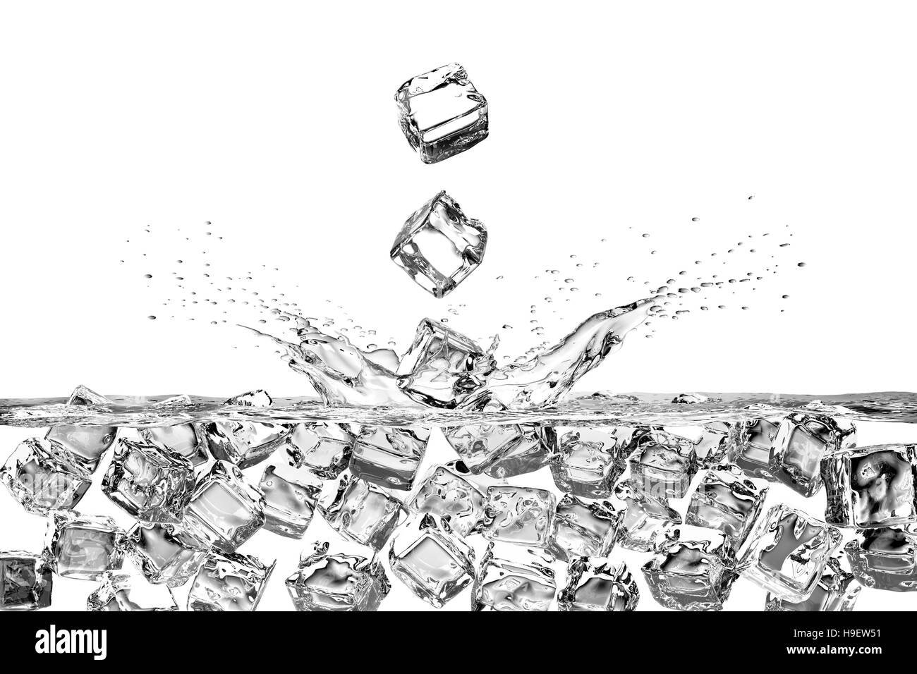 Falling ice cubes splashing into water and floating Stock Photo - Alamy