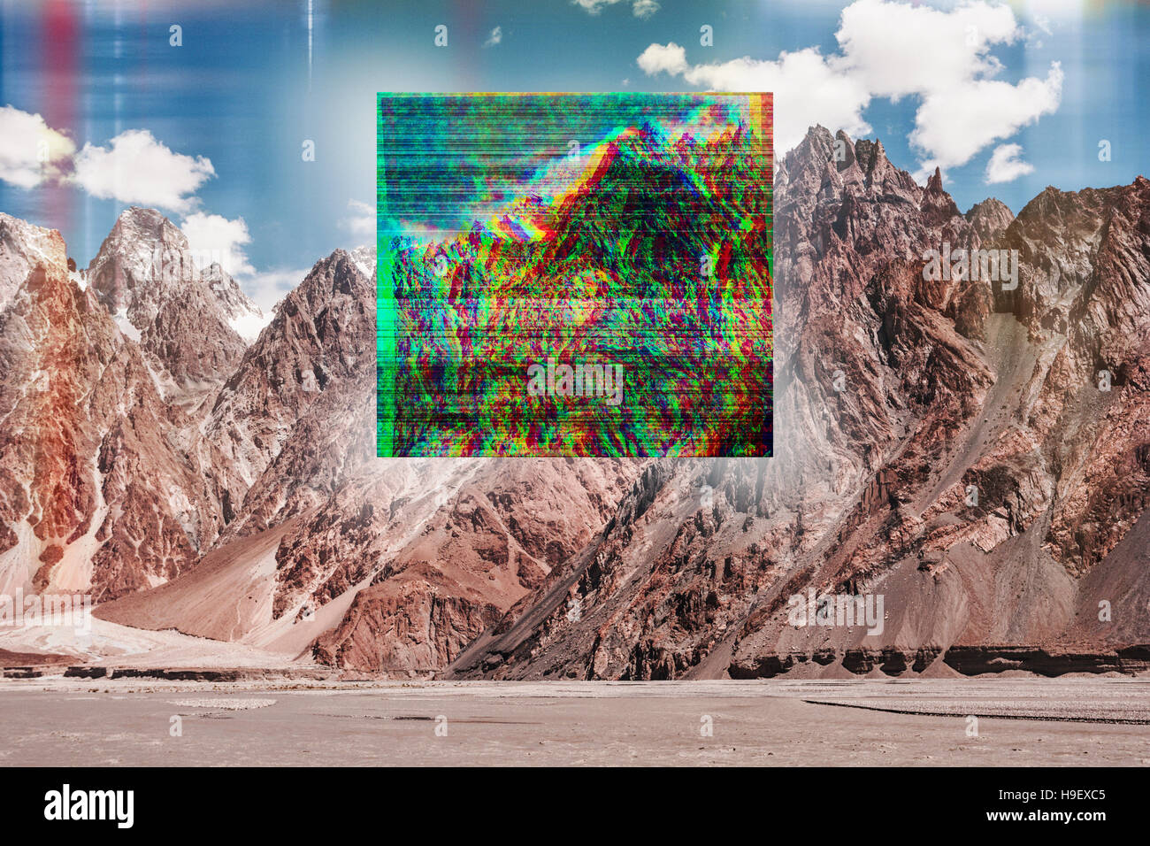 Glitch effect on mountain landscape Stock Photo - Alamy