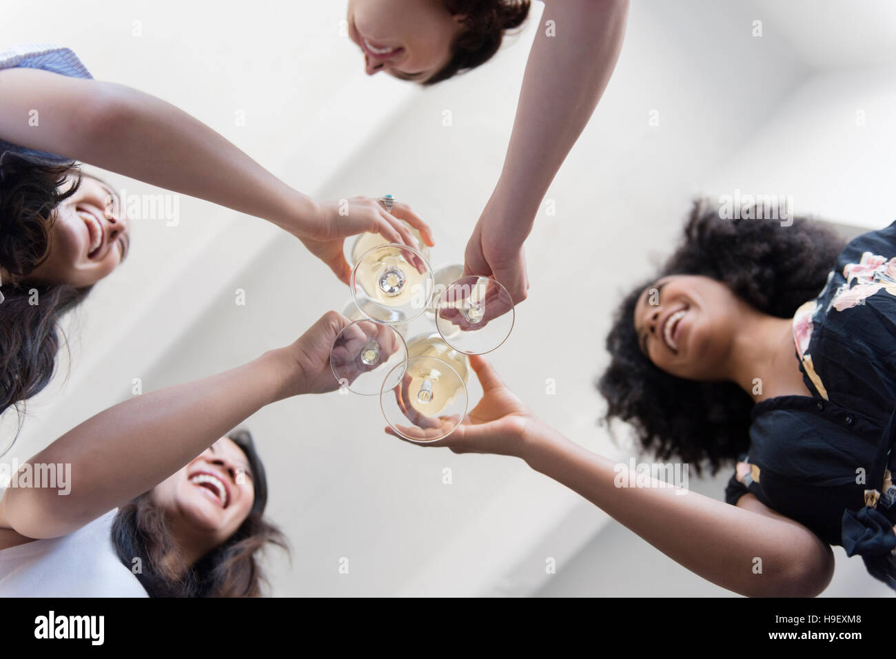 Smiling women toasting with white wine Stock Photo - Alamy