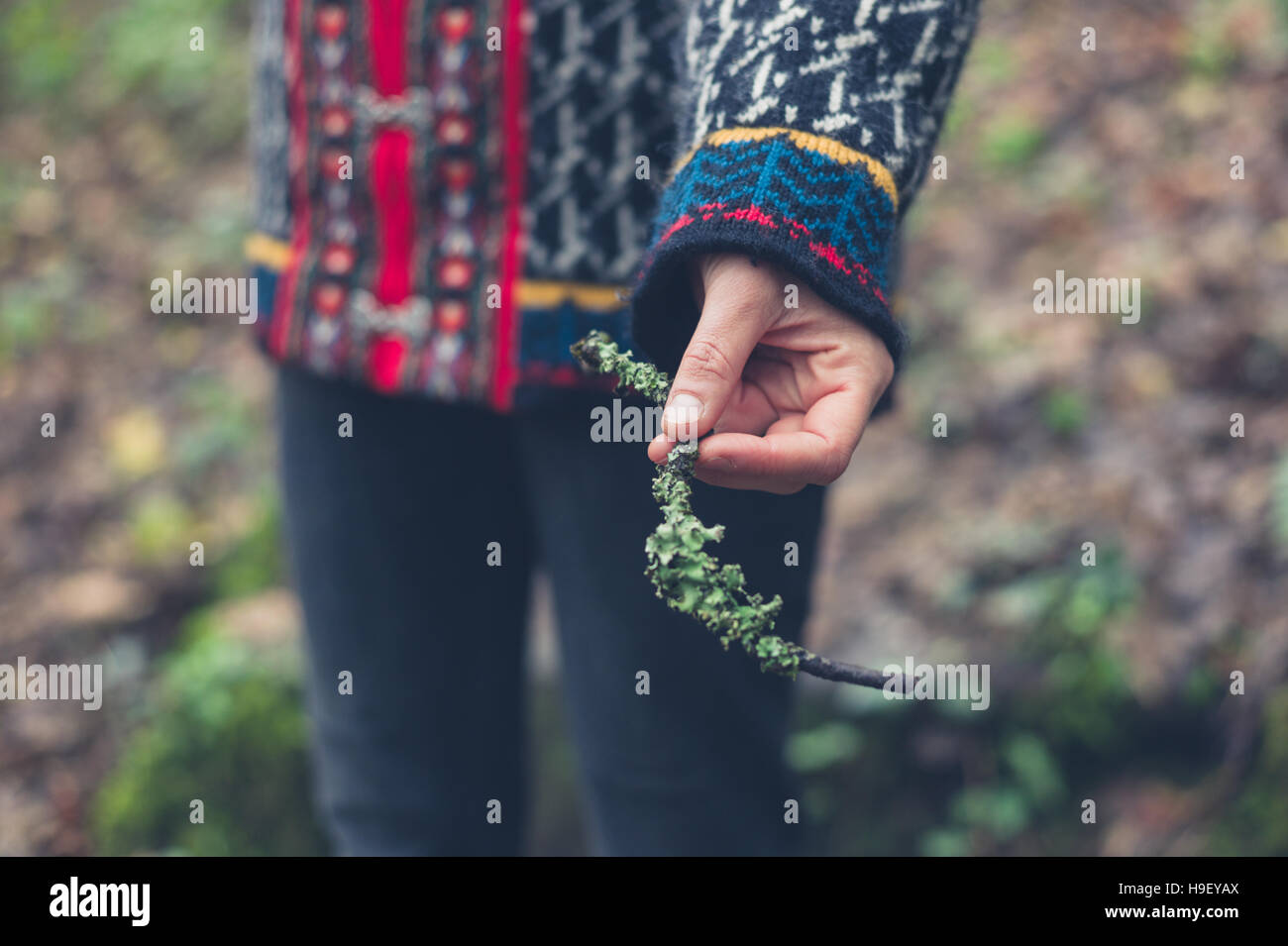 A young woman is standing in the forest and is holding a twig Stock ...