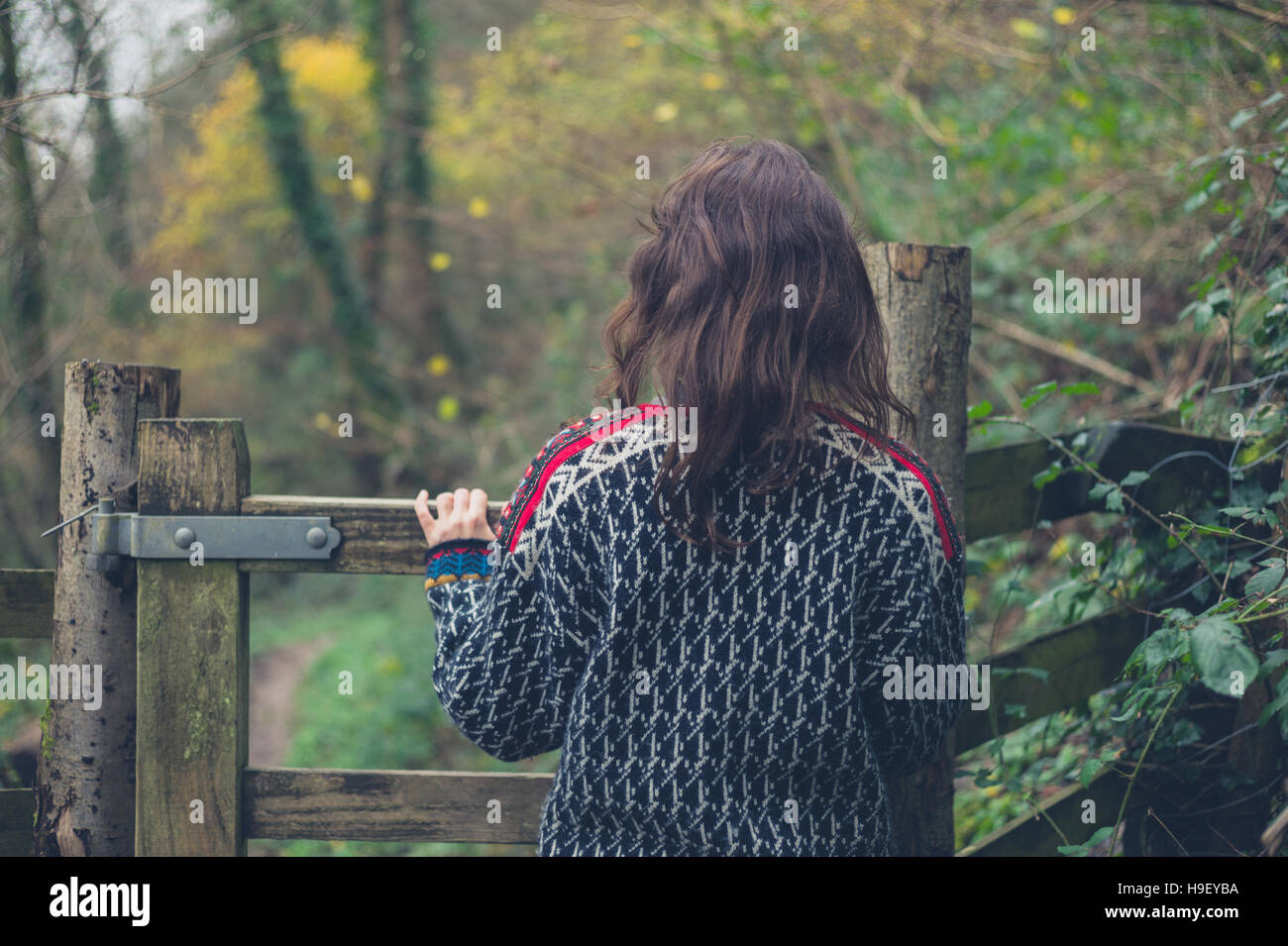 A young woman is standing by a gate in the forest Stock Photo - Alamy
