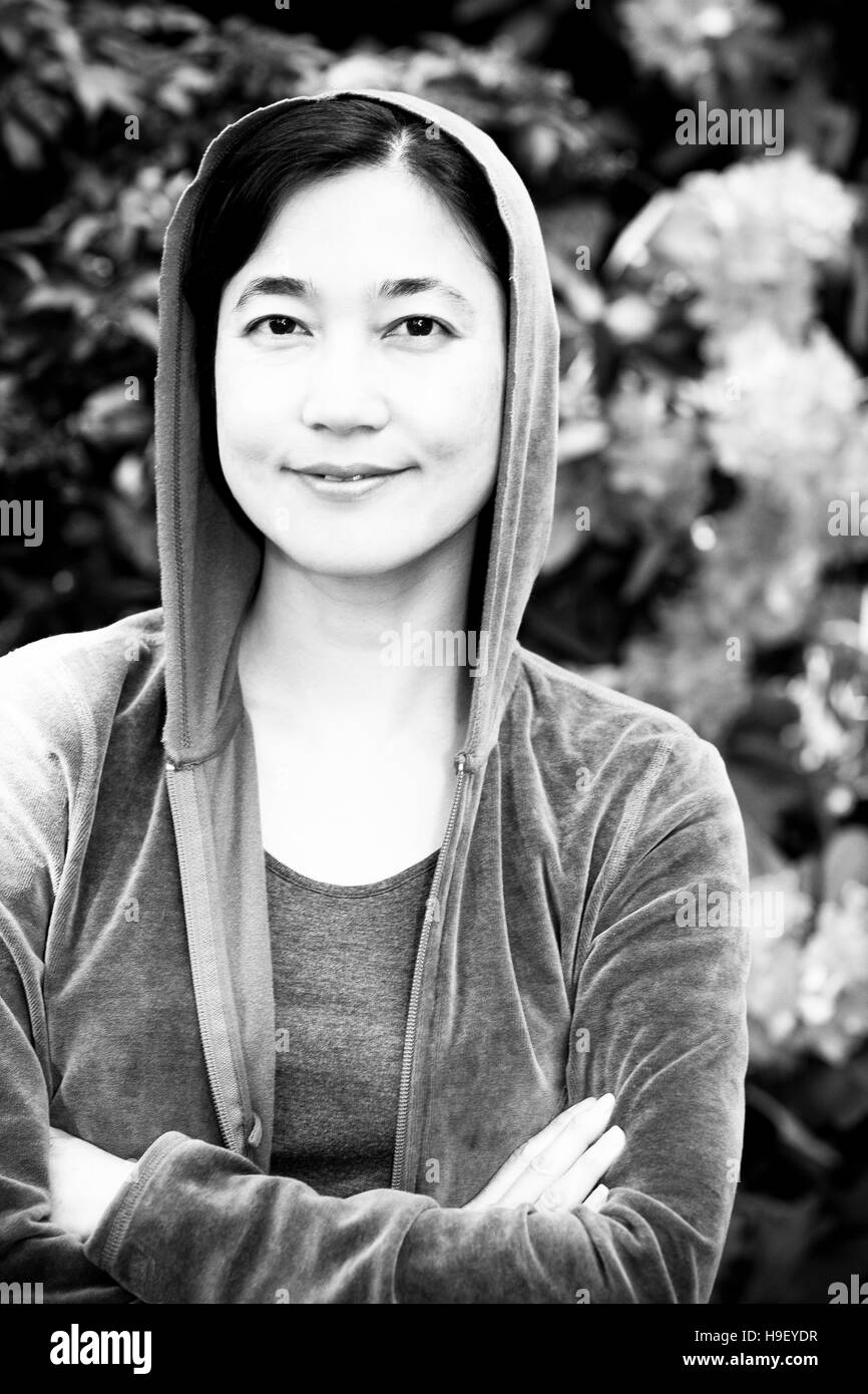 Happy portrait smiling asian woman Black and White Stock Photos ...