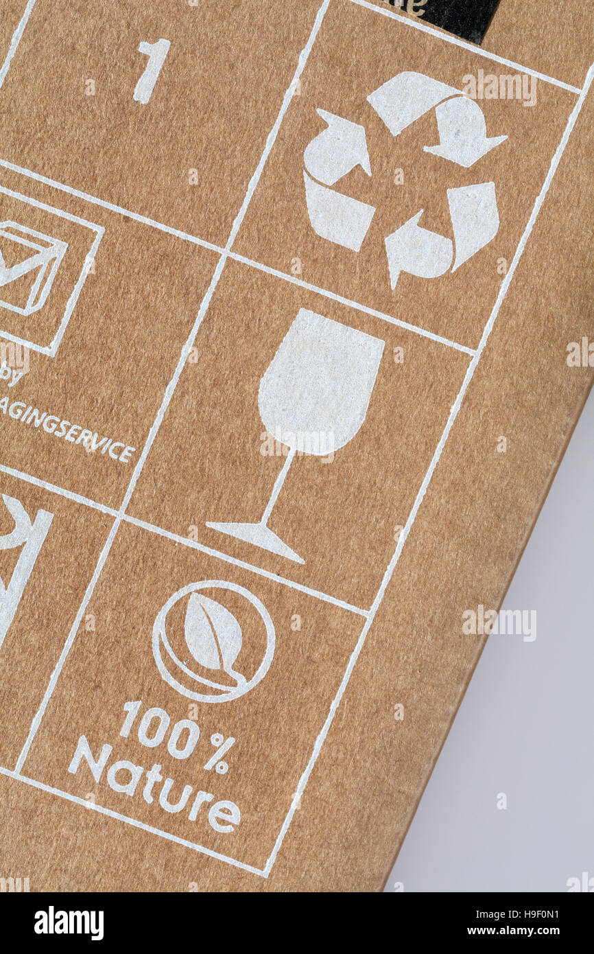 symbols on parcel from Amazon - glass, 100% nature, recyclable Stock ...