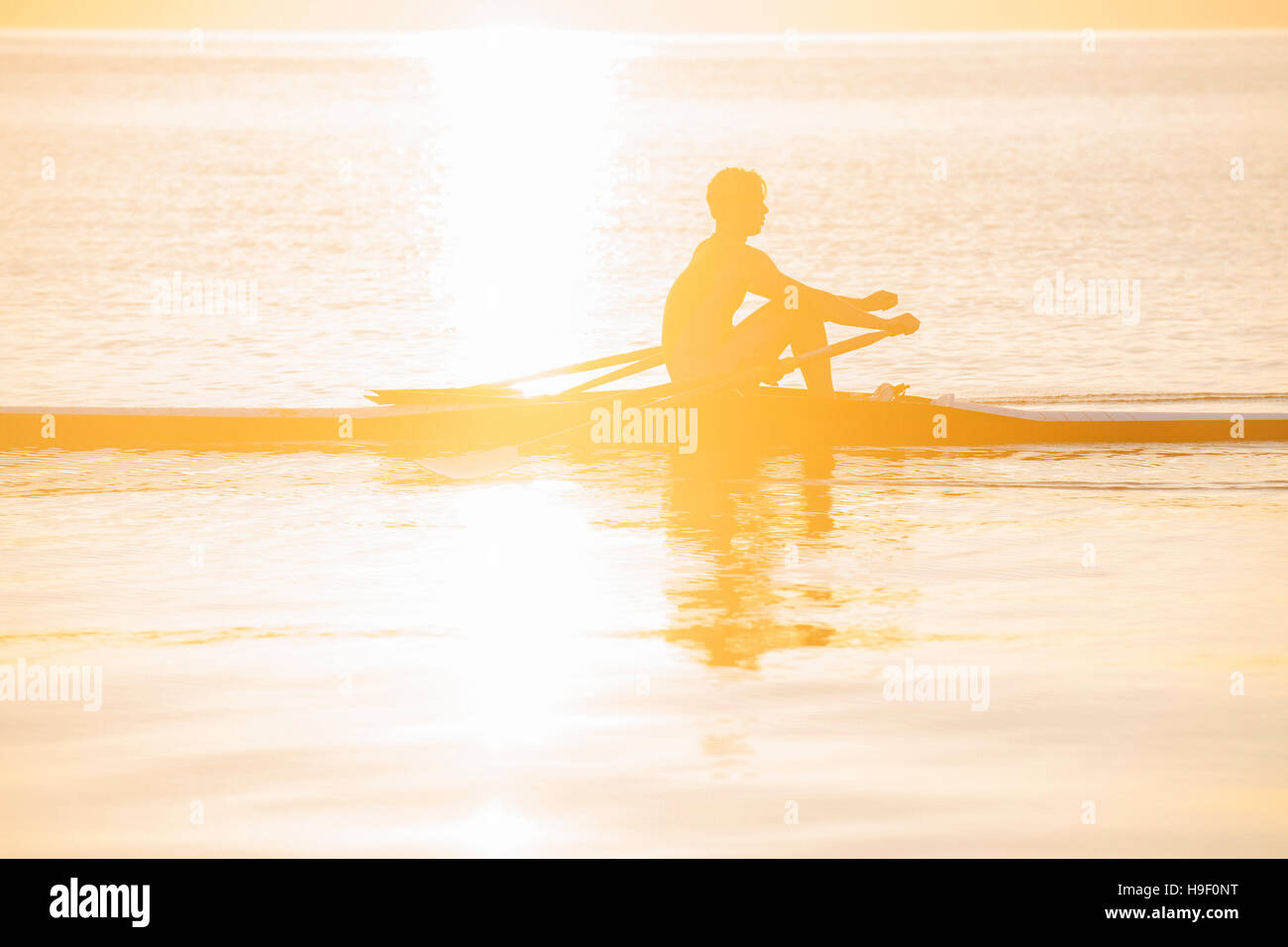 Silhouette of Caucasian man rowing on lake Stock Photo - Alamy