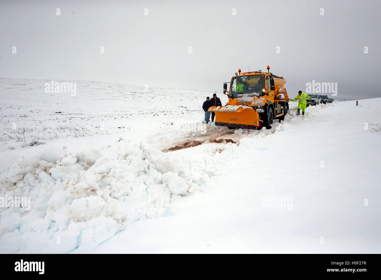 A snow plough clears the snow on the B6277 between Alston and Teesdale ...