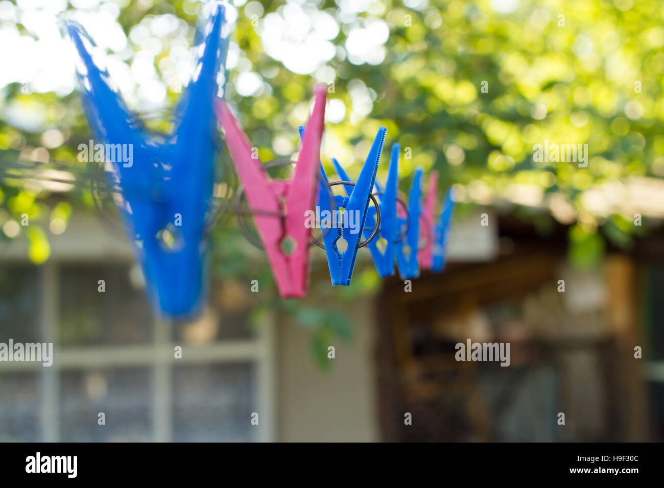 Clothespins on a wire in the yard. Clothespin centered in focus Stock ...