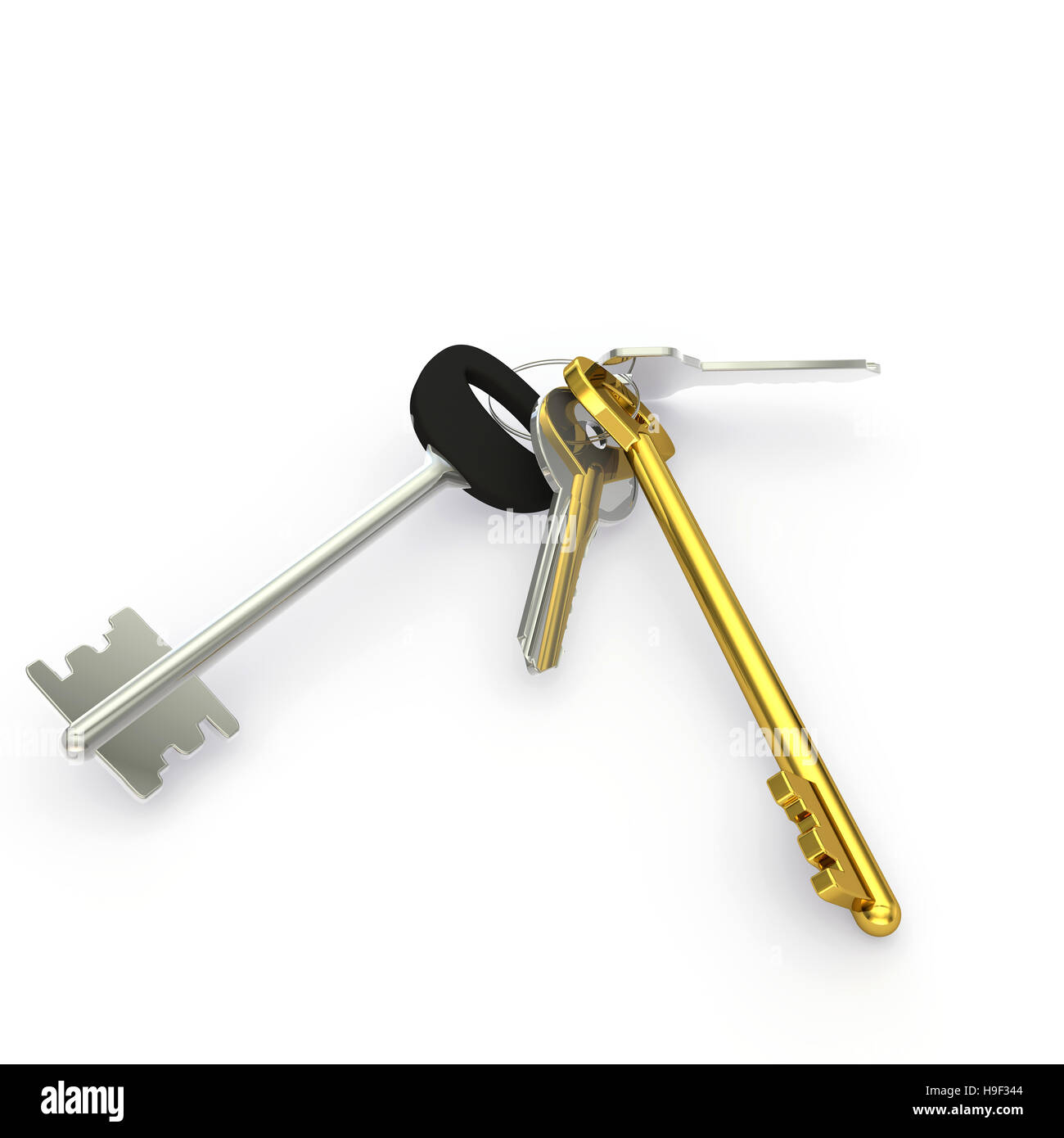 A bunch of big and small door keys with one gold. Isolated background ...